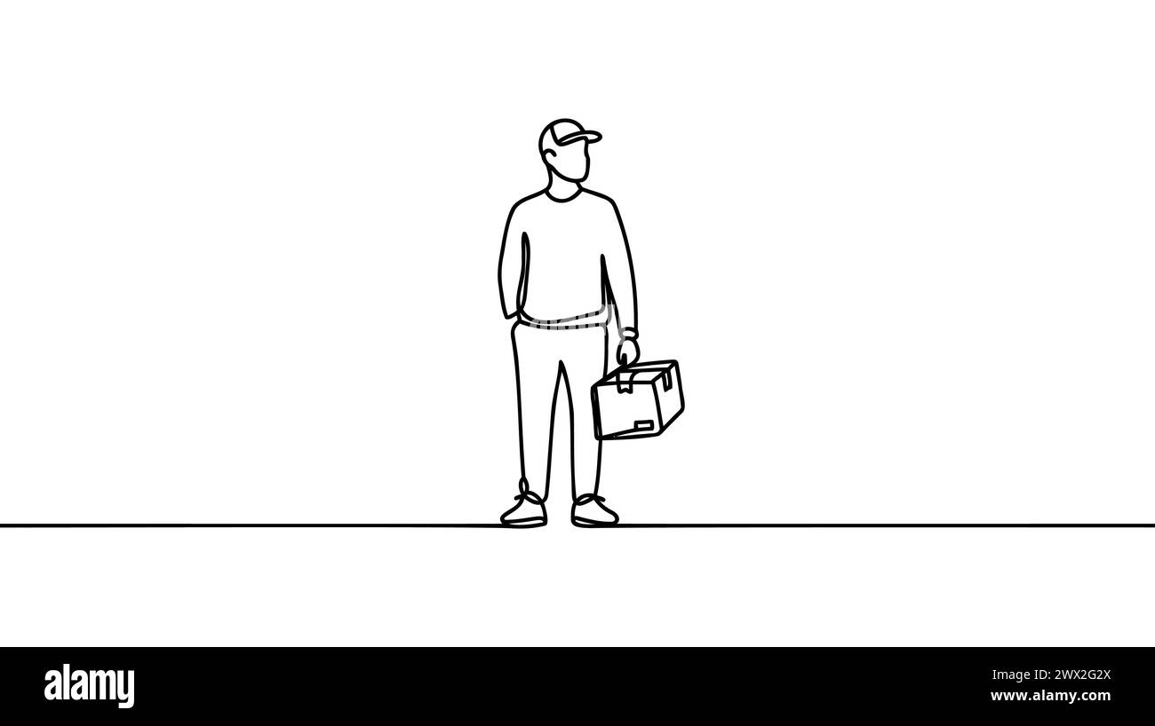 Continuous line art or One Line Drawing of delivery man standing with ...