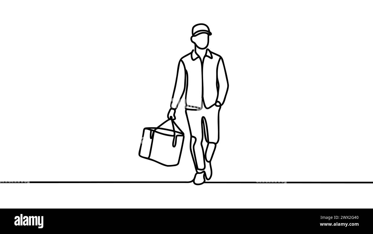 Continuous line art or One Line Drawing of delivery man standing with ...