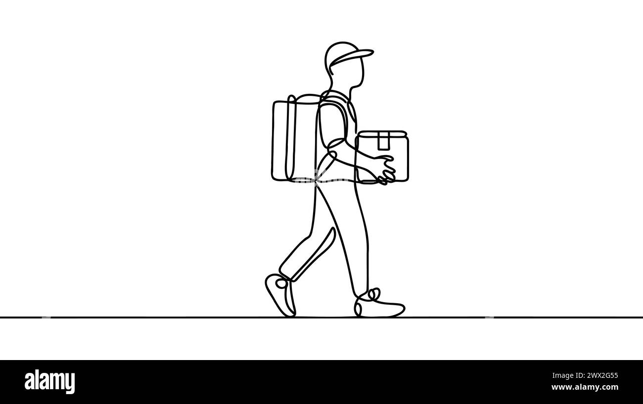 Continuous line art or One Line Drawing of delivery man standing with ...