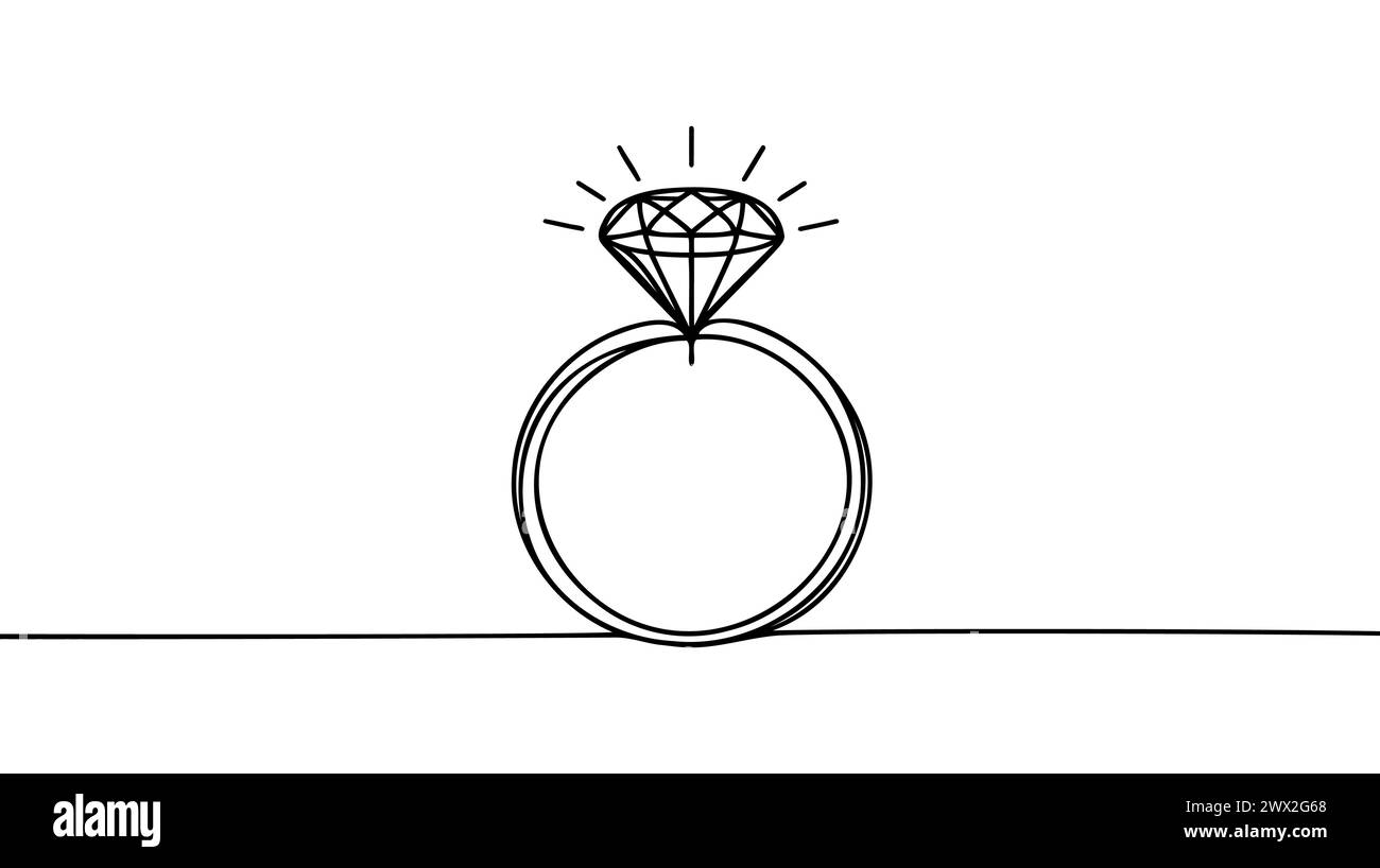 Hand drawn continuous line drawing diamond gemstone ring illustration ...