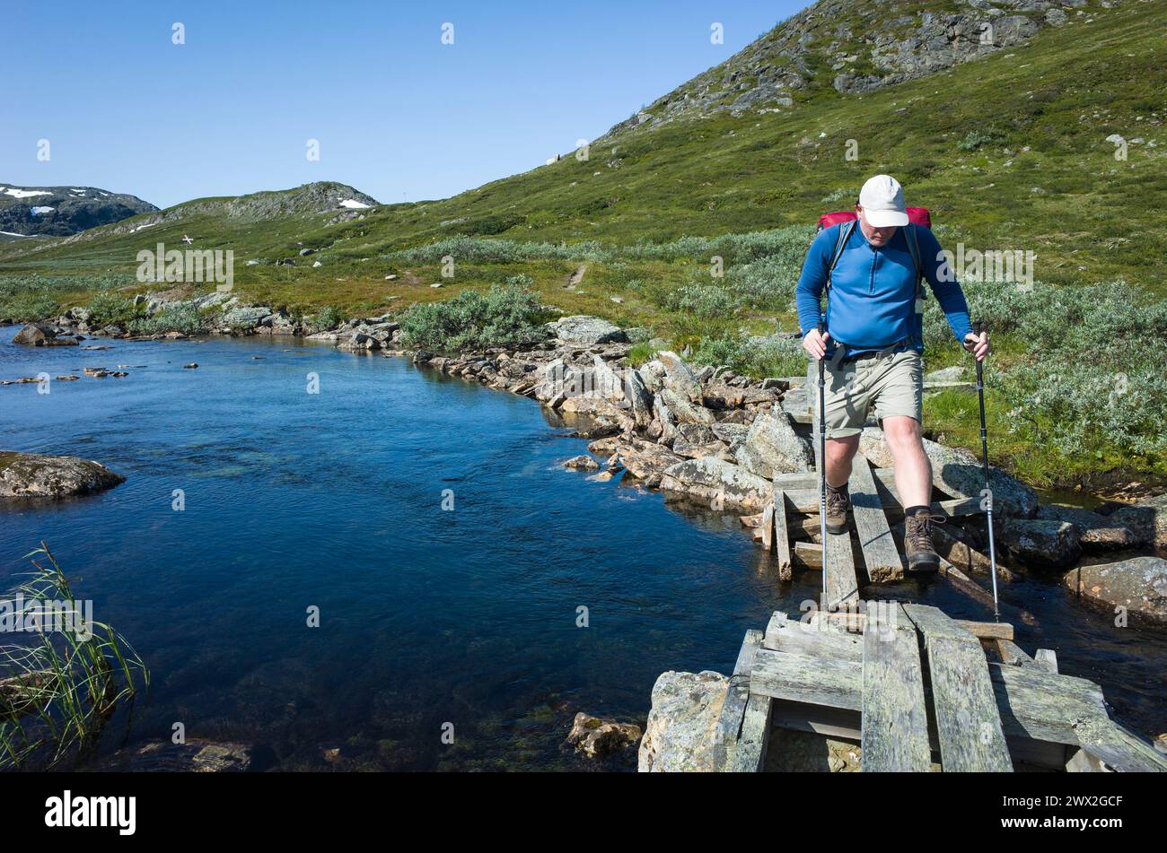 Hiking in Swedish Lapland. Man crossing river on small wooden broken ...