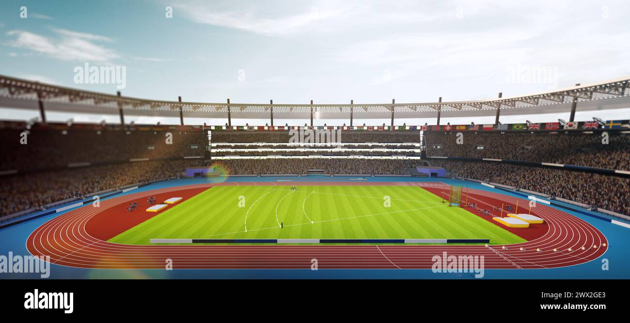 3D render of sunlit stadium filled with spectators, showcasing an ...