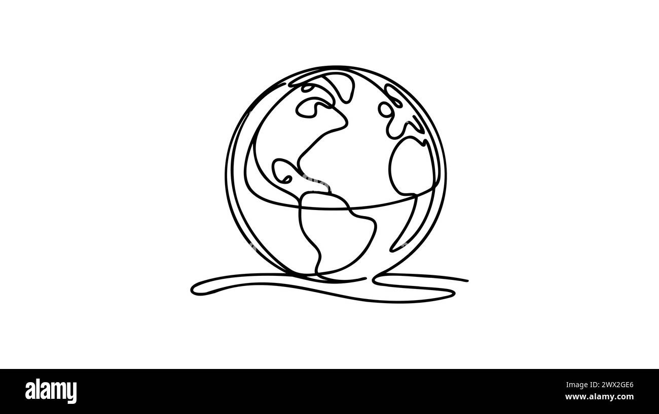 Continuous line art or one line drawing of global vector on white ...