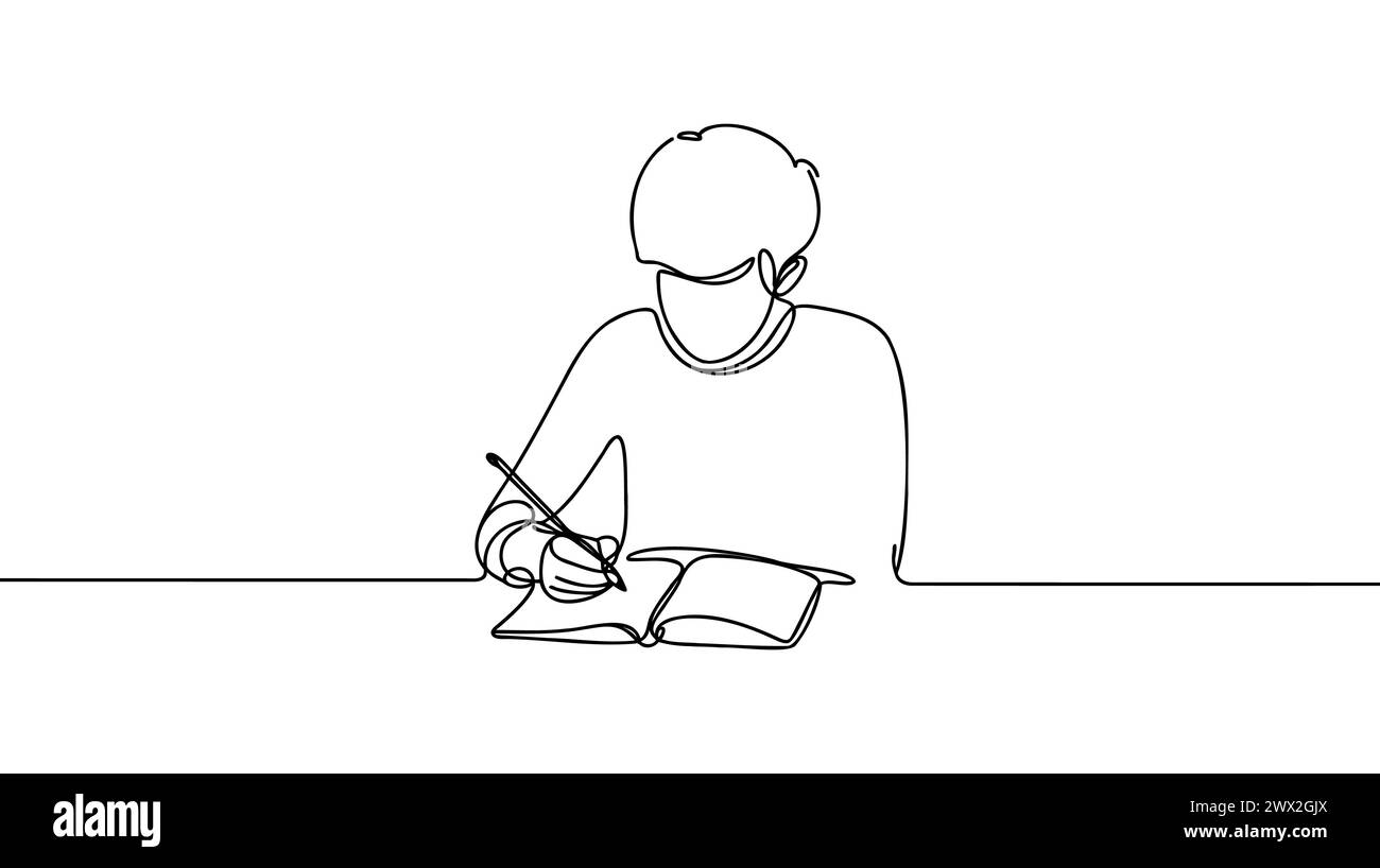 Man writes something on a thick notebook or book. One continuous line ...