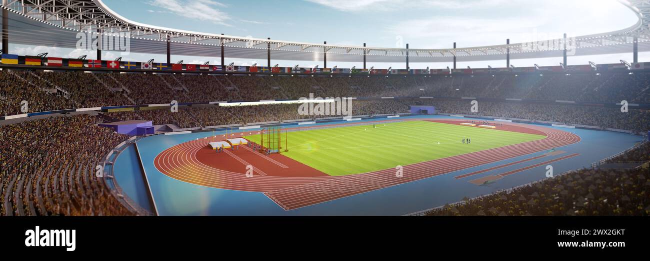 3D render of sport arena, open air stadium with tribune filled with ...