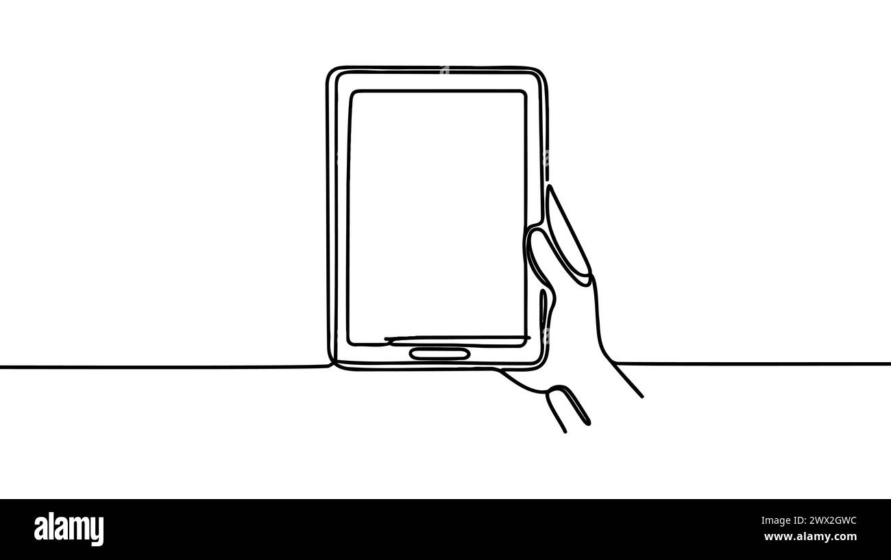 Continuous one line drawing of tablet, Black and white vector ...