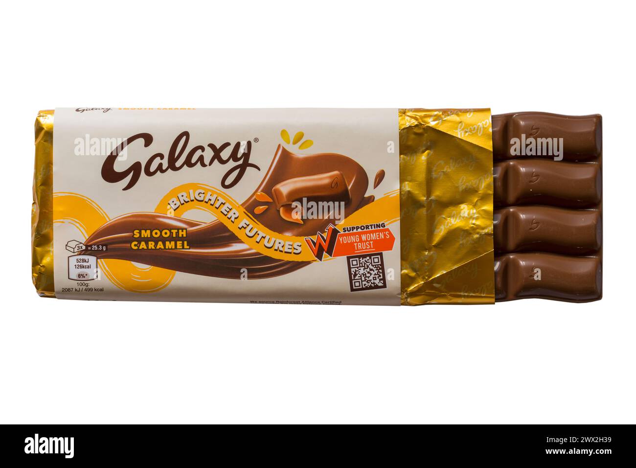 Bar of Galaxy Smooth Caramel chocolate bar opened to show contents ...