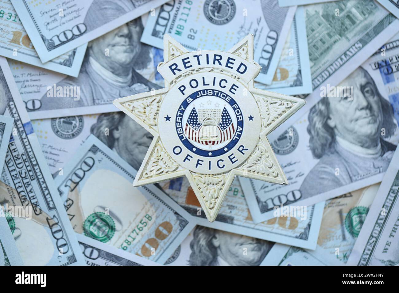 KYIV, UKRAINE - MARCH 9, 2024 US Retired Police Officer badge on many ...