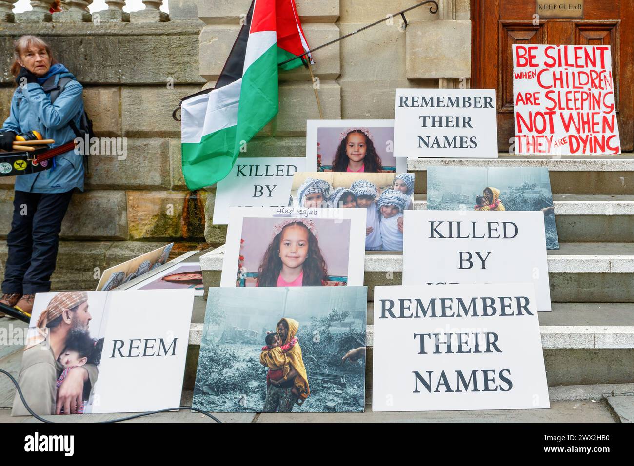 Signs and placards with the photo of Hind Rajab on them are pictured ...