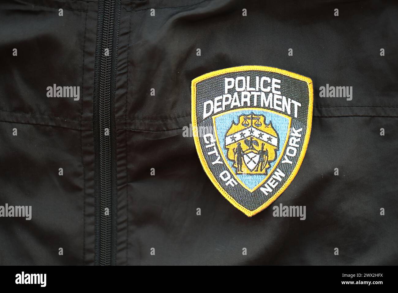 KYIV, UKRAINE - MARCH 9, 2024 US NYPD Police patch on black jacket ...