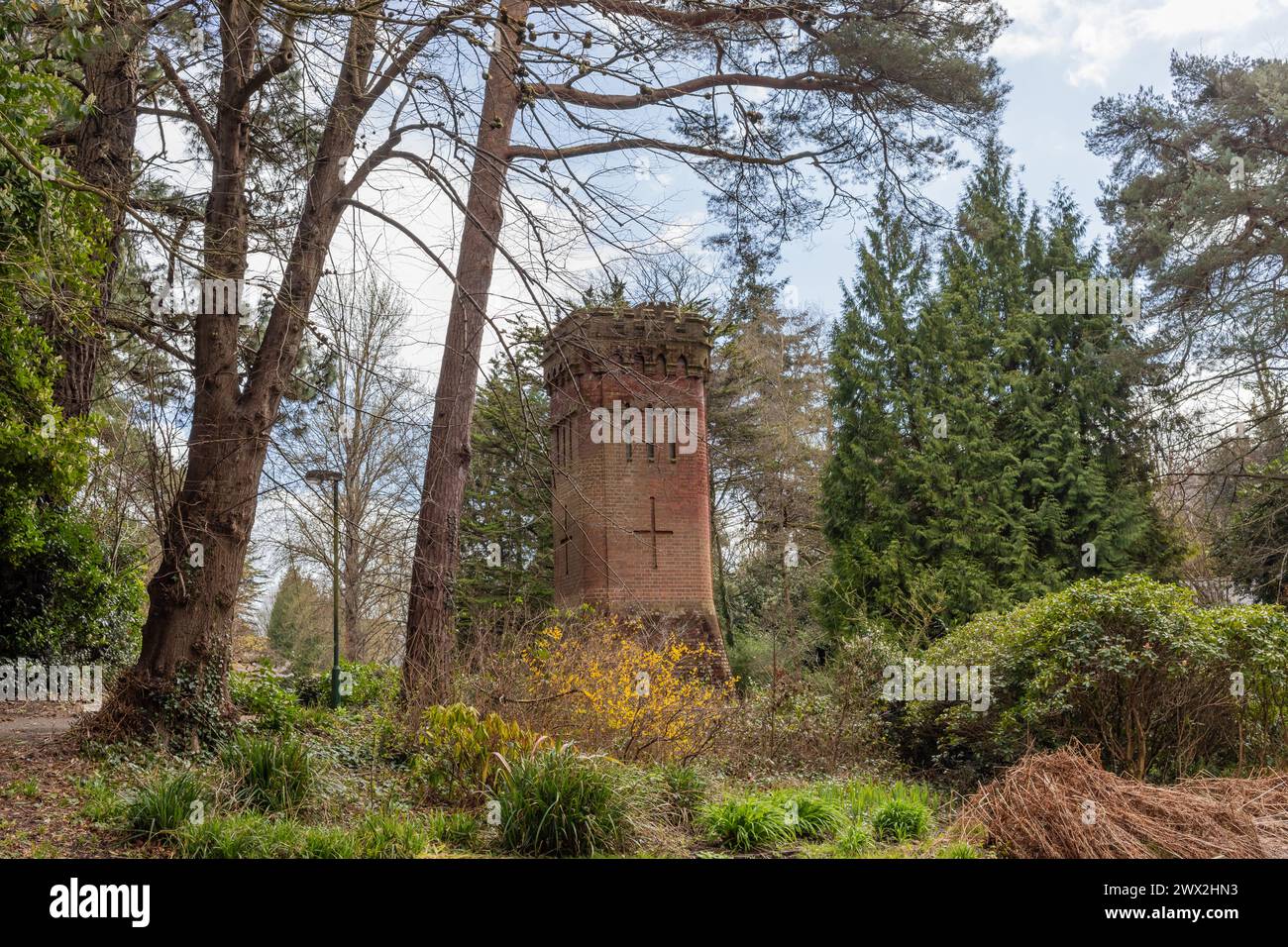 A gothic style victorian water tower in Bournemouth Upper Gardens ...