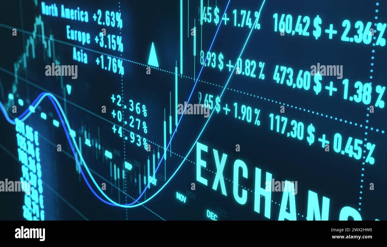 Stock market and exchange chart, lines, data. Chart moving up, growth ... Stock market and exchange chart, lines, data. Chart moving up, growth ...