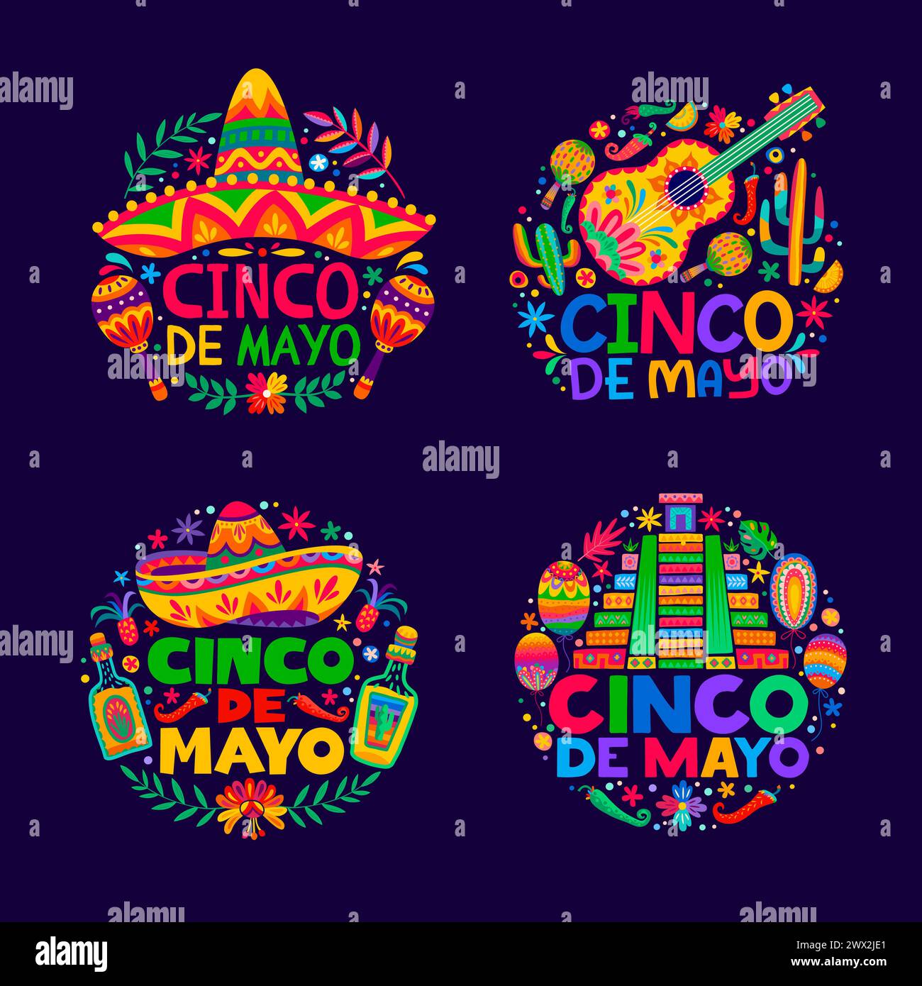 Mexican Cinco de Mayo holiday labels of vector sombrero, guitar and ...