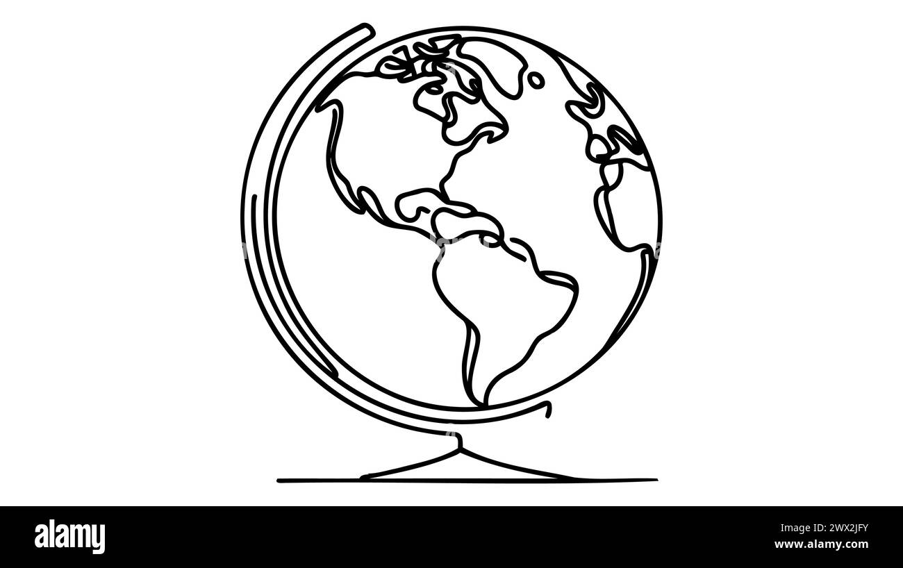 Continuous line art or one line drawing of global vector on white ...