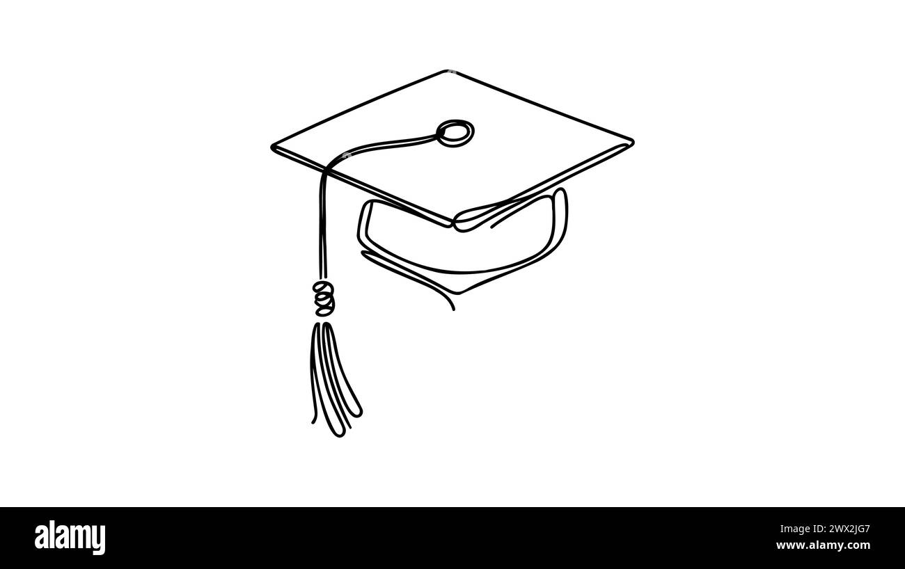 One continuous line drawing of graduation hat logo emblem. Study ...