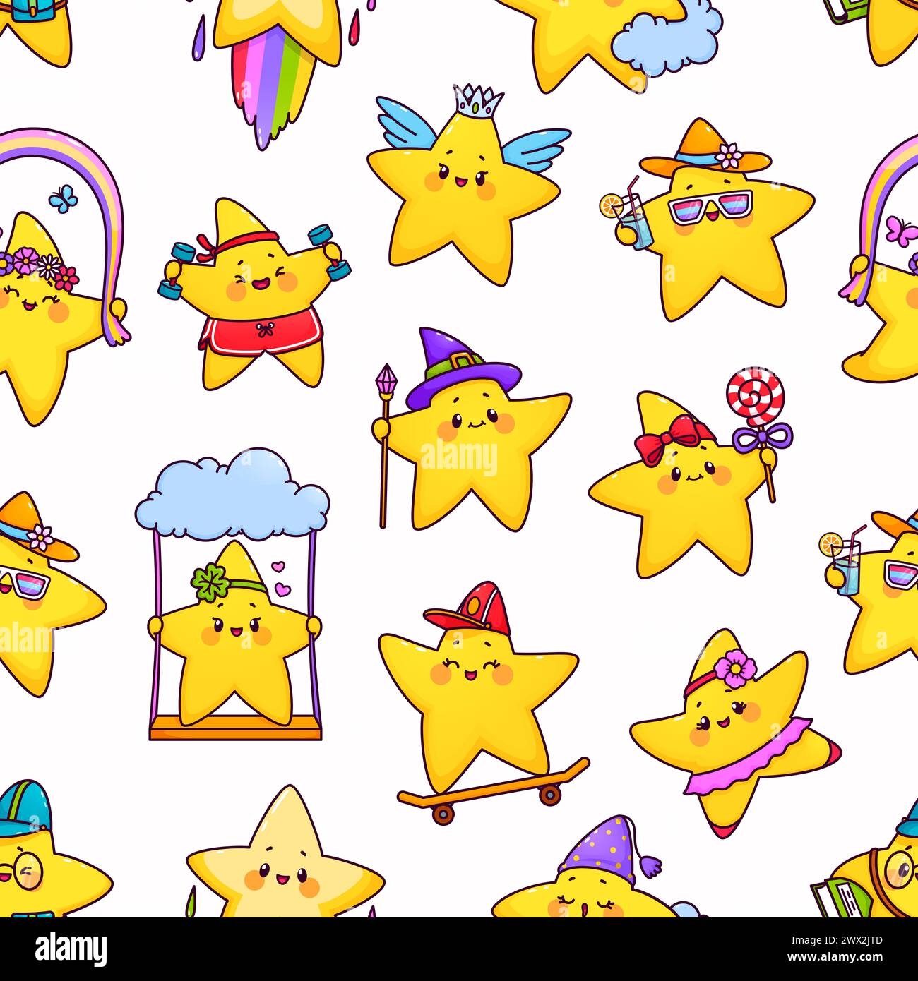 Cute kawaii stars and twinkle characters seamless pattern, vector ...