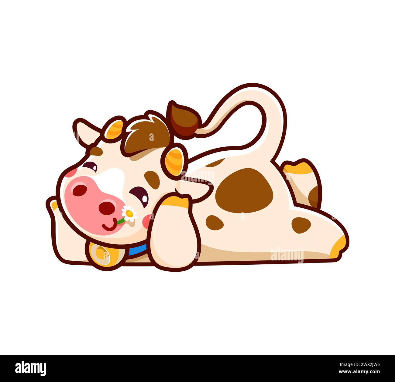 Funny cow cartoon character lying and eating daisy. Ox cute mascot ...