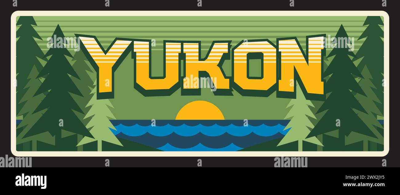 Yukon territory of Canada, old plaque with landscape and Yukon river ...