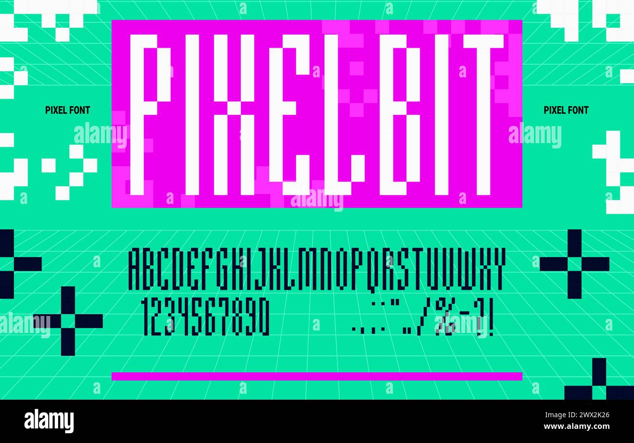 Pixel font, 8bit game geometric alphabet, digital typeface, binary type square-shaped characters ...