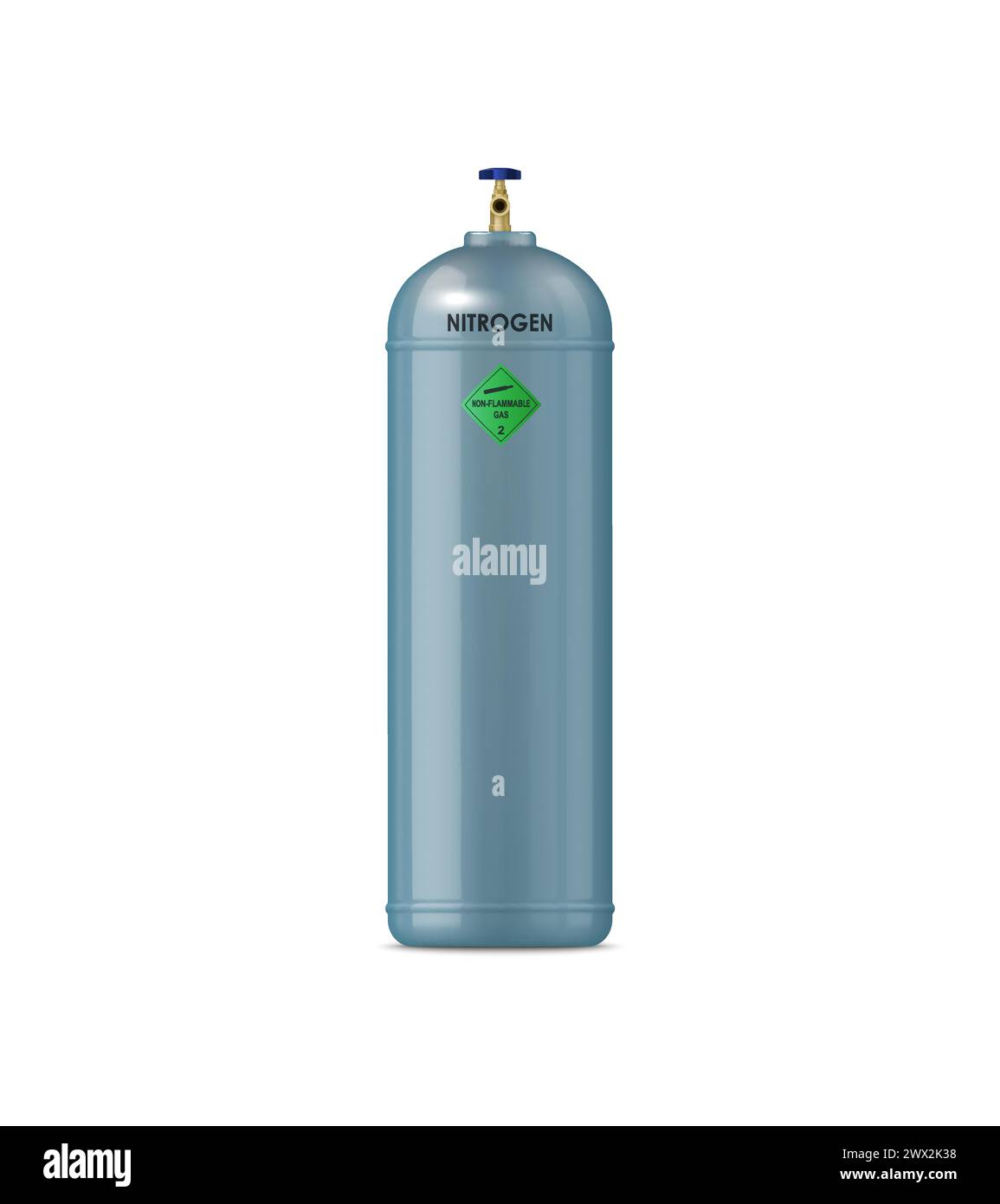 Realistic nitrogen gas metal cylinder. Isolated vector steel labeled pressurized tank, storing ...