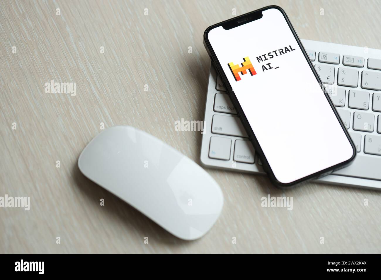 KYIV, UKRAINE - MARCH 17, 2024 Mistral AI logo on iPhone display screen ...