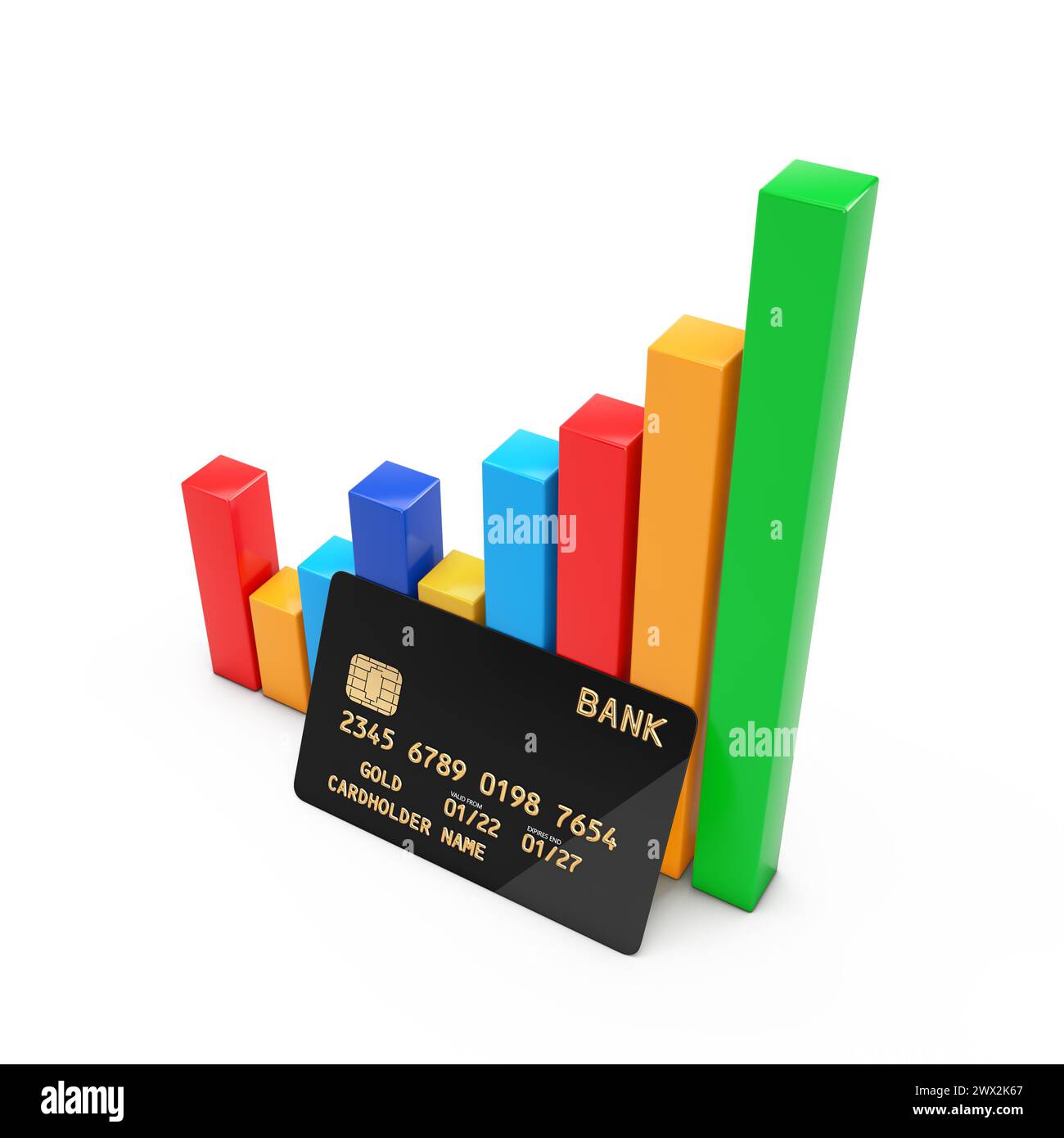Modern Abstract Credit Card Next to Graphic Growth Bars on a white ...