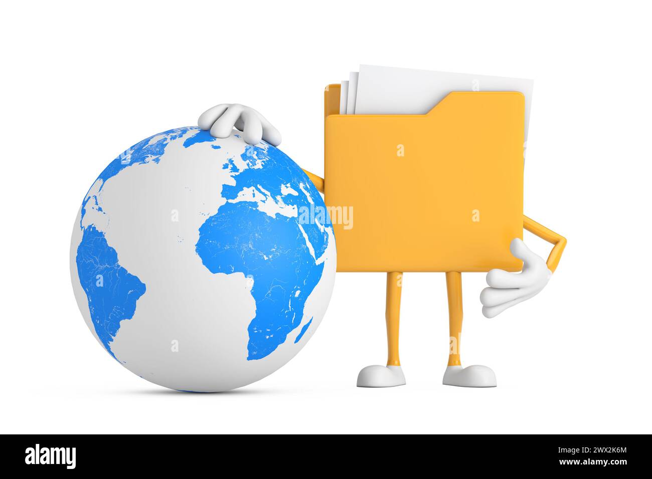 Yellow Folder Icon Cartoon Person Character Mascot with Earth Globe on a white background. 3d ...