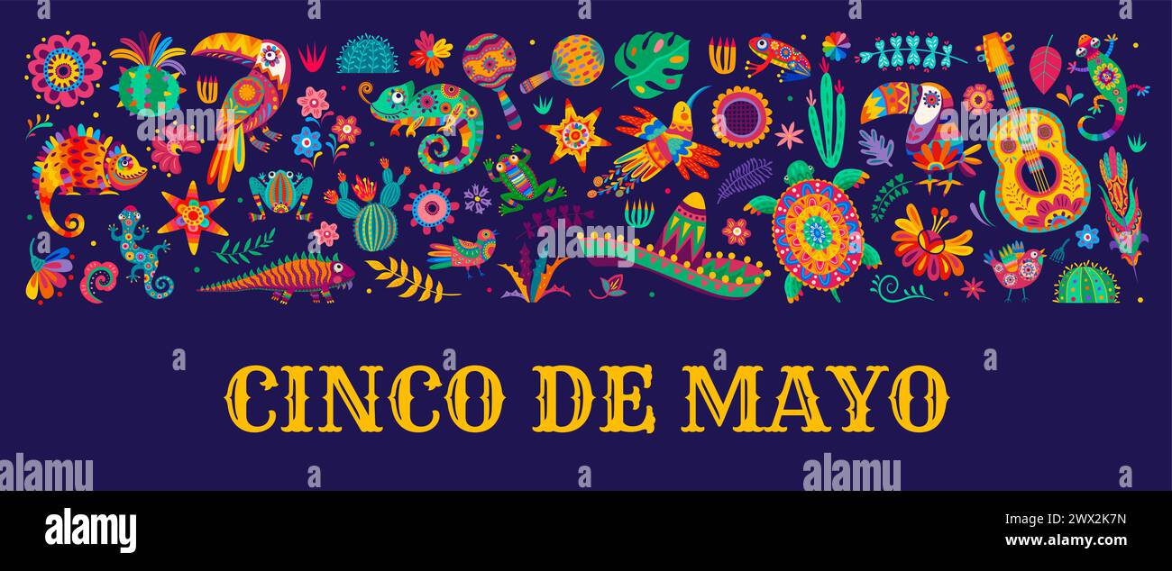 Mexican cinco de mayo holiday party banner with cartoon vector holiday ...