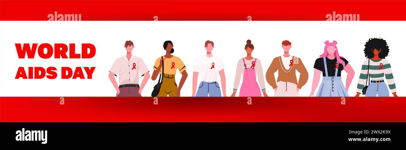 A group of young people with red ribbons, a symbol of the fight against HIV. World AIDS Day ...