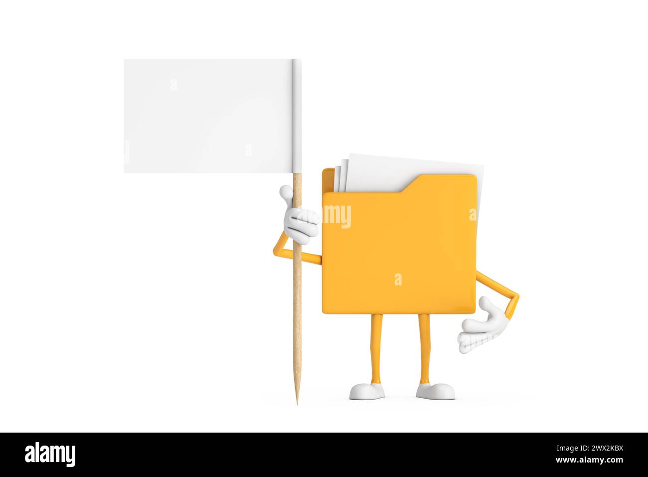 Yellow File Folder Icon Cartoon Person Character Mascot with White Flag ...