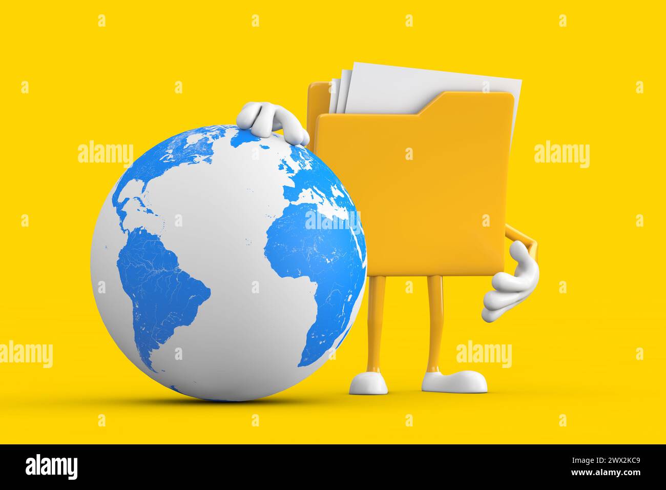 Yellow Folder Icon Cartoon Person Character Mascot with Earth Globe on a yellow background. 3d ...
