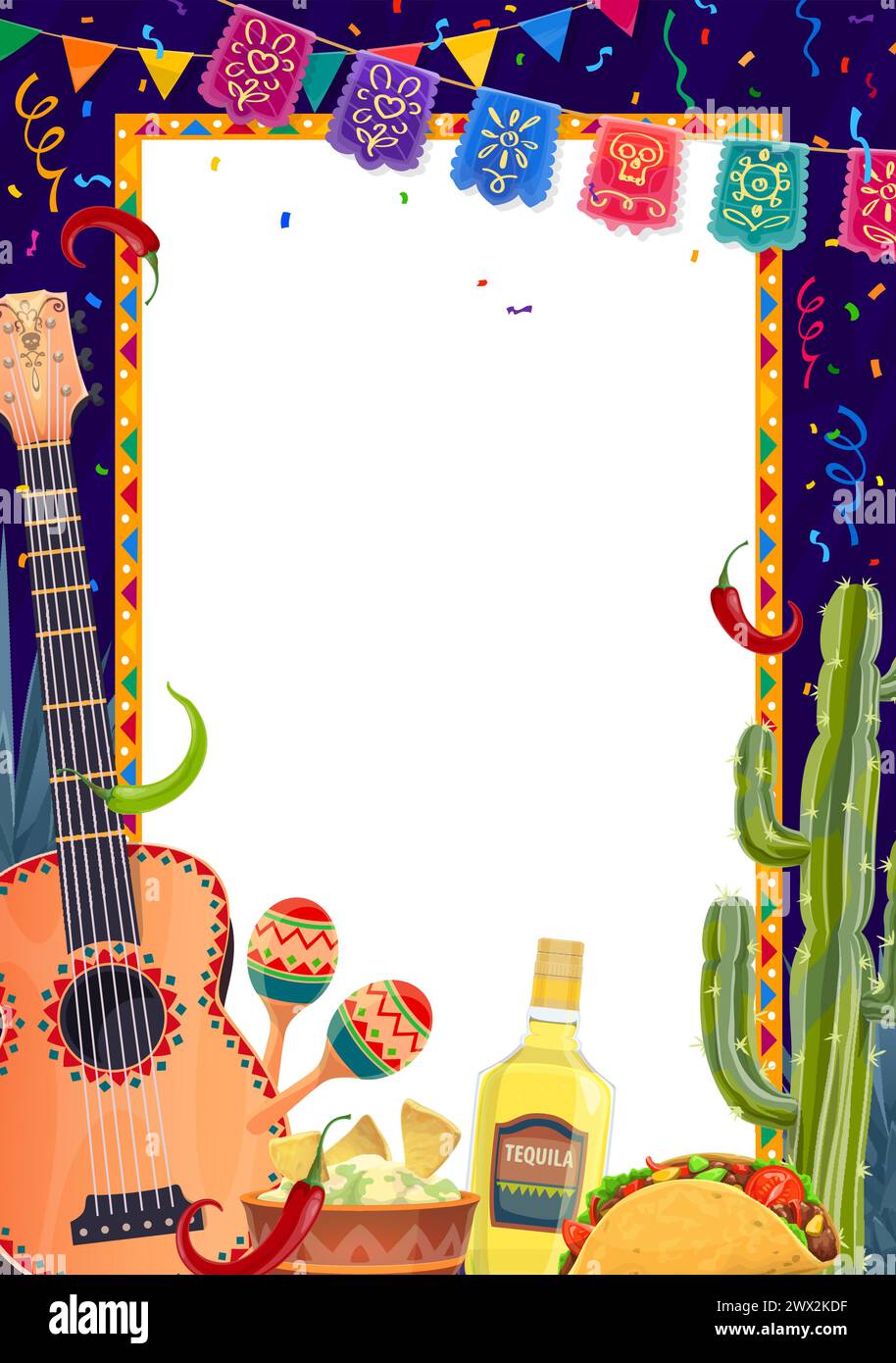 Mexican holiday poster with guitar, food and papel picado flags. Vector ...