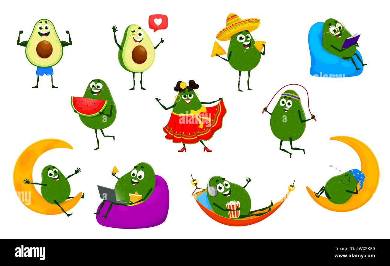 Cartoon mexican avocado characters vector set. Cute vegetable sleep and ...