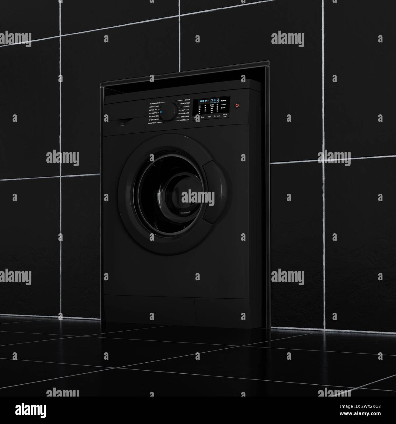 Modern Black Washing Machine in Bathroom with Black Tiles extreme ...