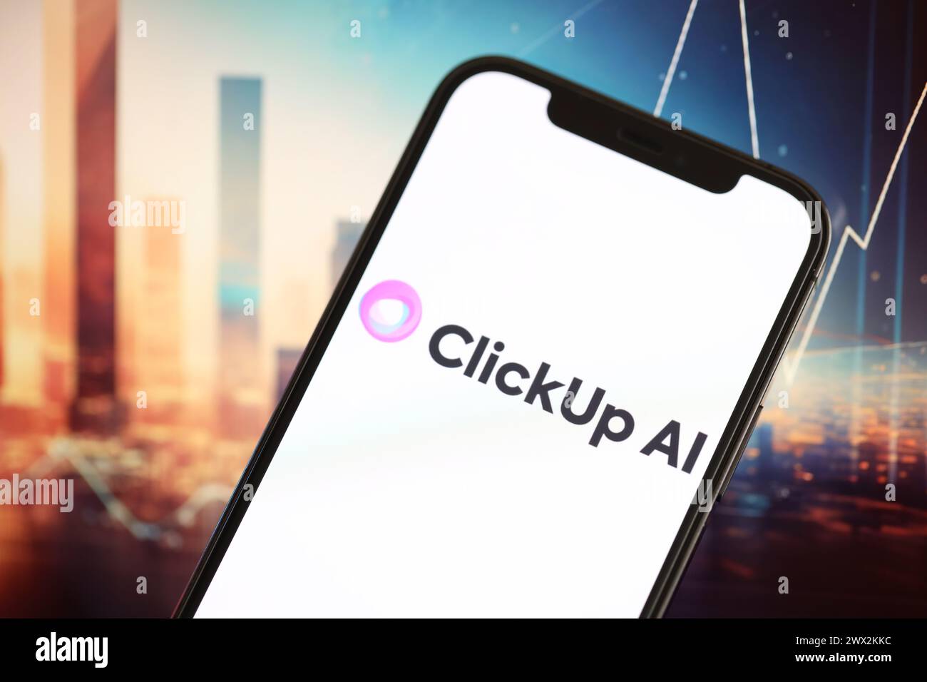 KYIV, UKRAINE - MARCH 17, 2024 ClickUp logo on iPhone display screen ...