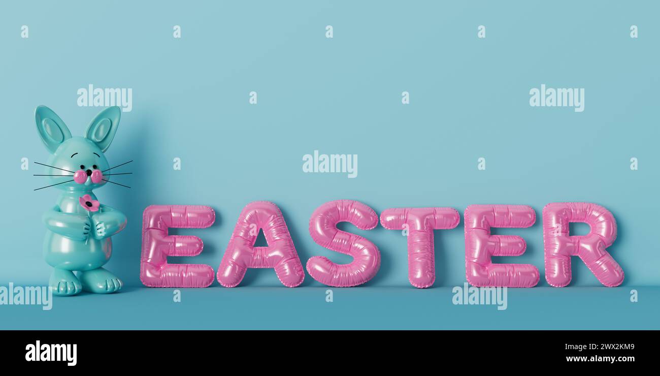 Pink Easter Balloon Letters Sign with Balloon Rabbit on a blue ...