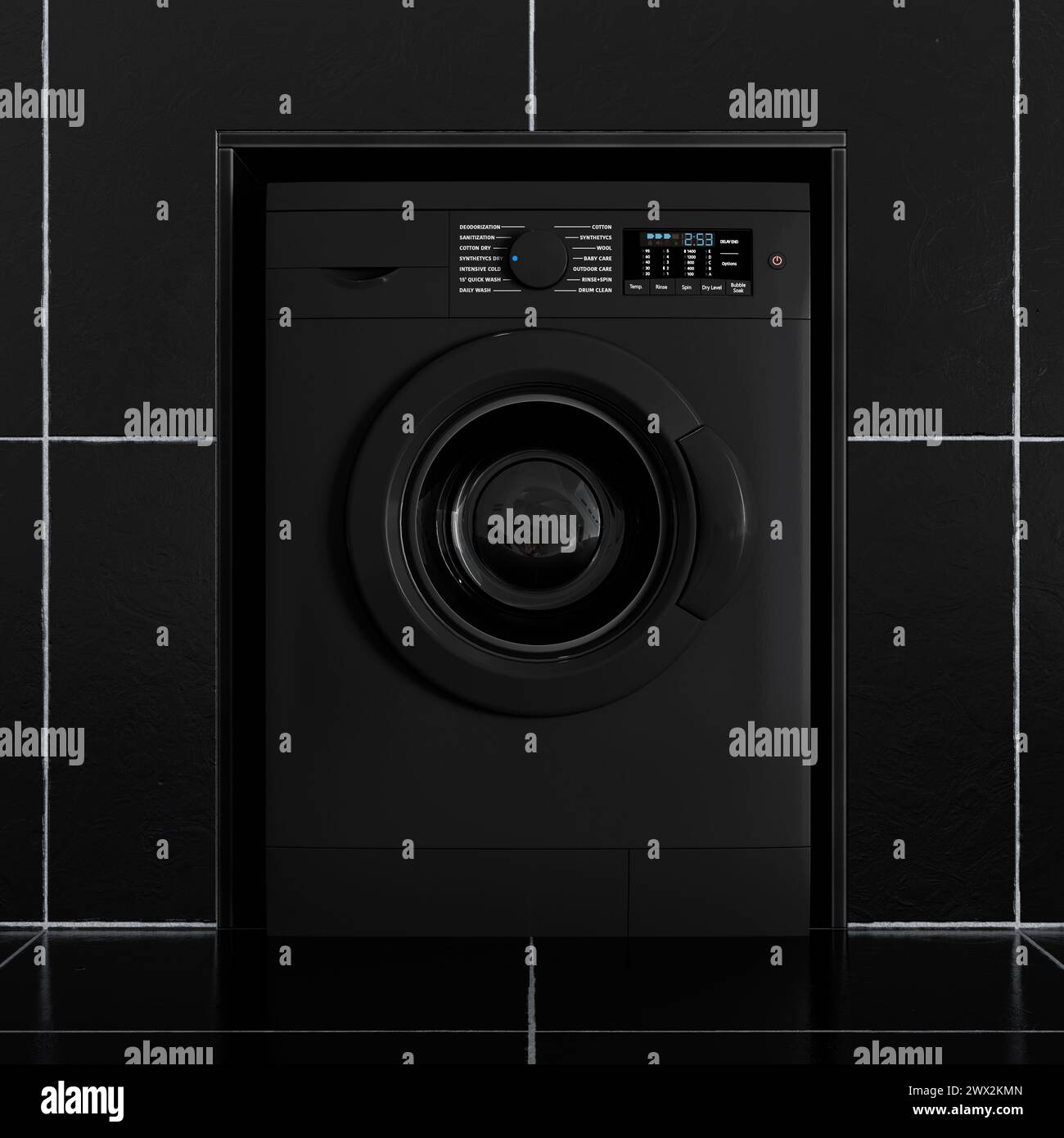 Modern Black Washing Machine in Bathroom with Black Tiles extreme ...