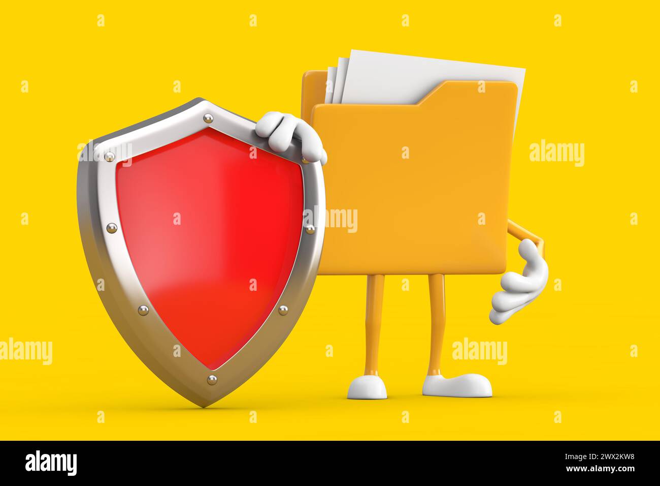 Yellow File Folder Icon Cartoon Person Character Mascot with Red Metal Protection Shield ...