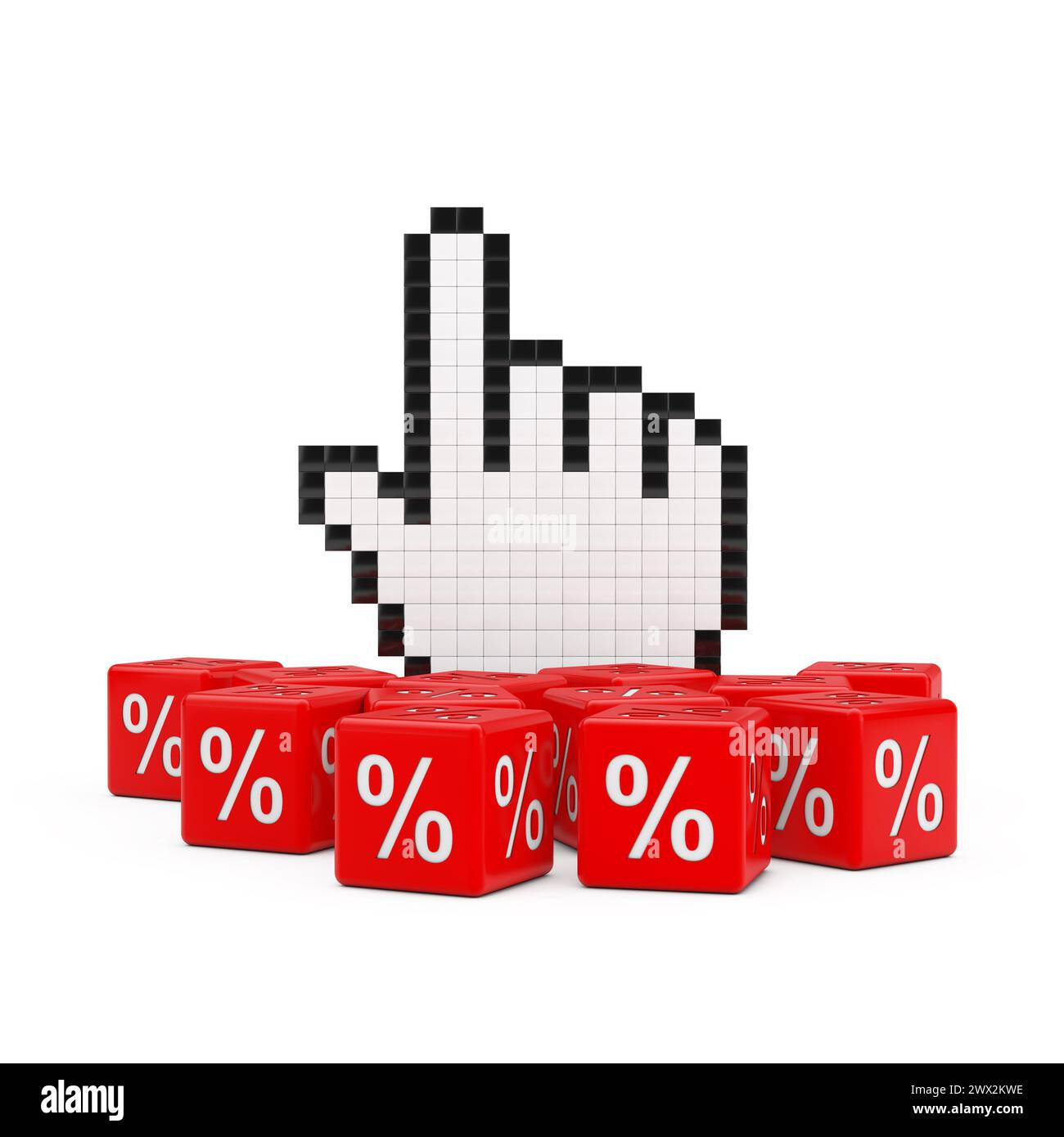 Pixel Hand Pointer Cursor with Heap of Discount Sale Percent Cubes on a ...