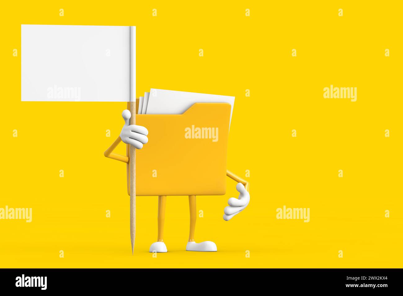 Yellow File Folder Icon Cartoon Person Character Mascot with White Flag ...