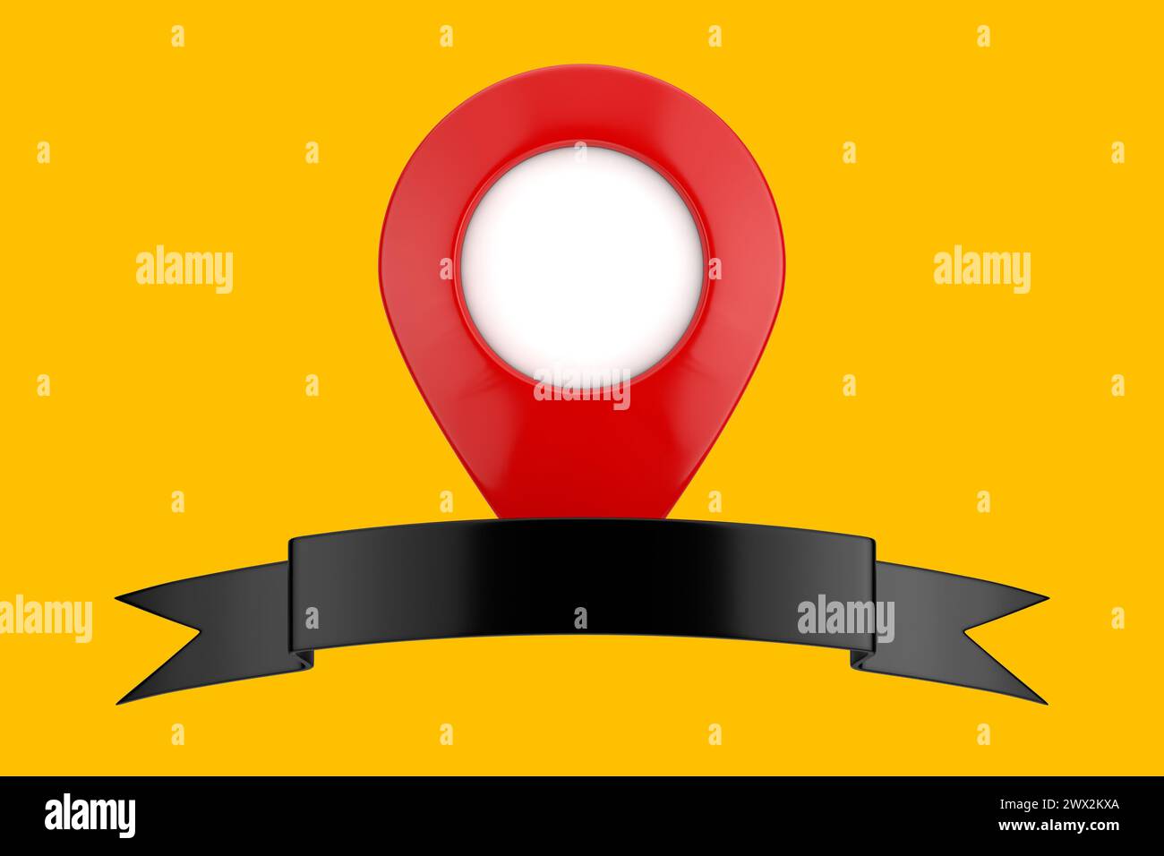 Red Map Pointer Pin with Black Empty Decorative Ribbon Banner on a ...