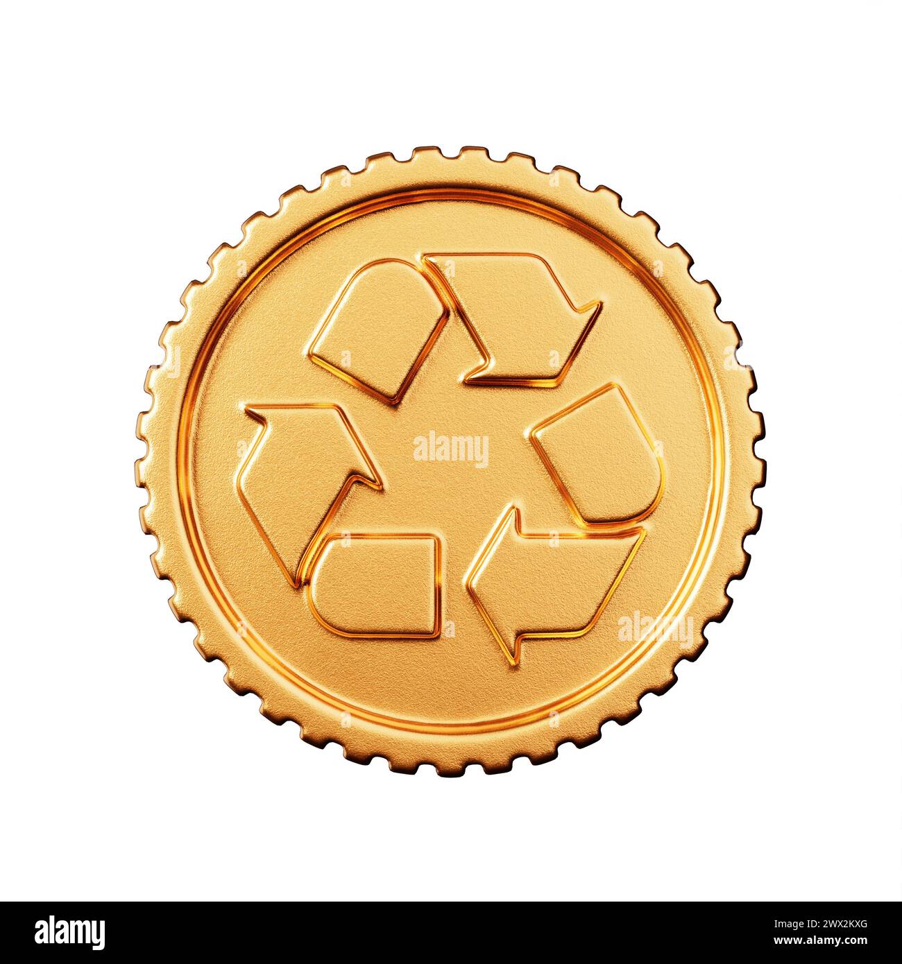 Golden Coin Badge with Recycle Sign on a white background. 3d Rendering ...