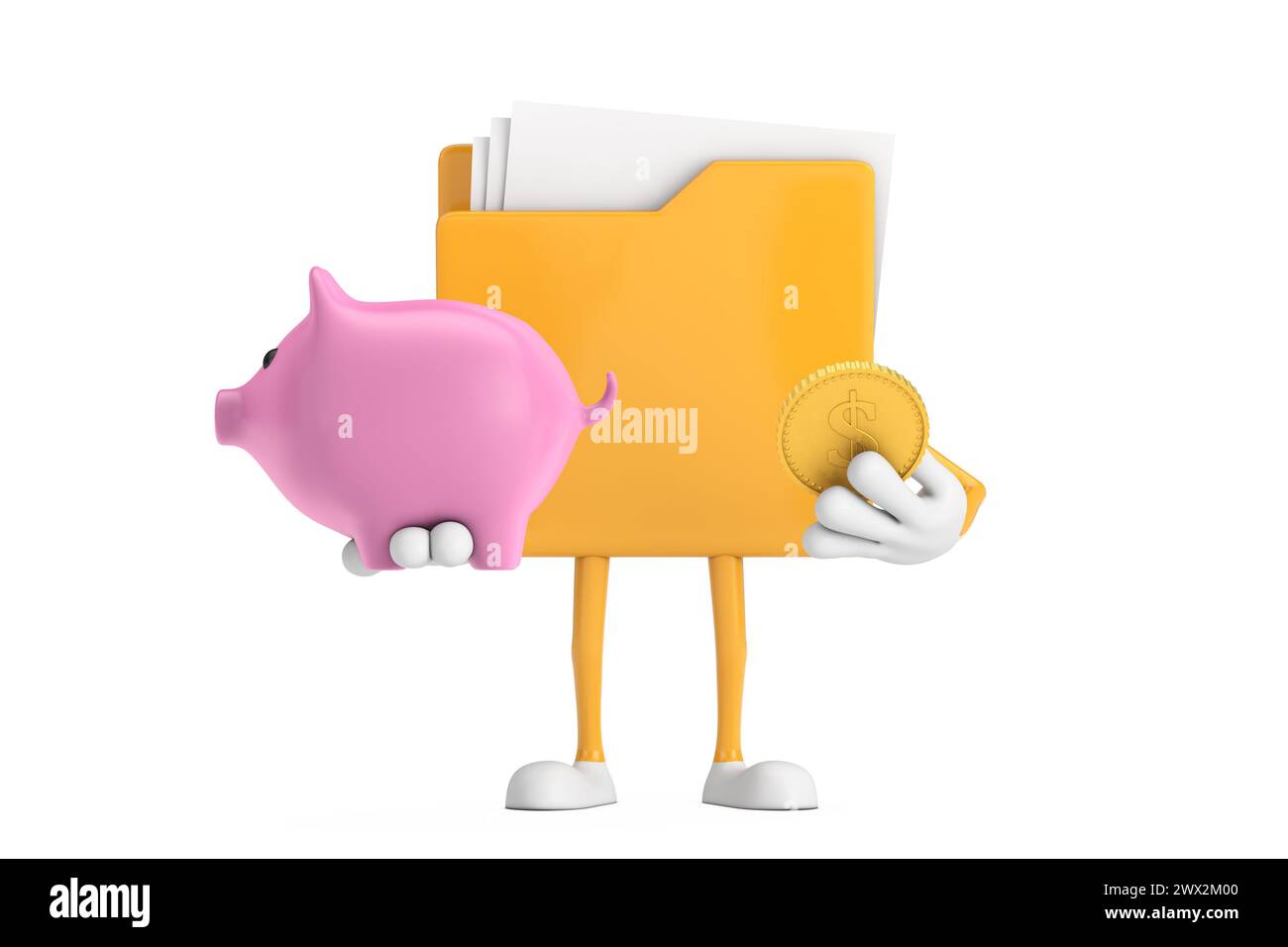 Yellow File Folder Icon Cartoon Person Character Mascot with Piggy Bank ...