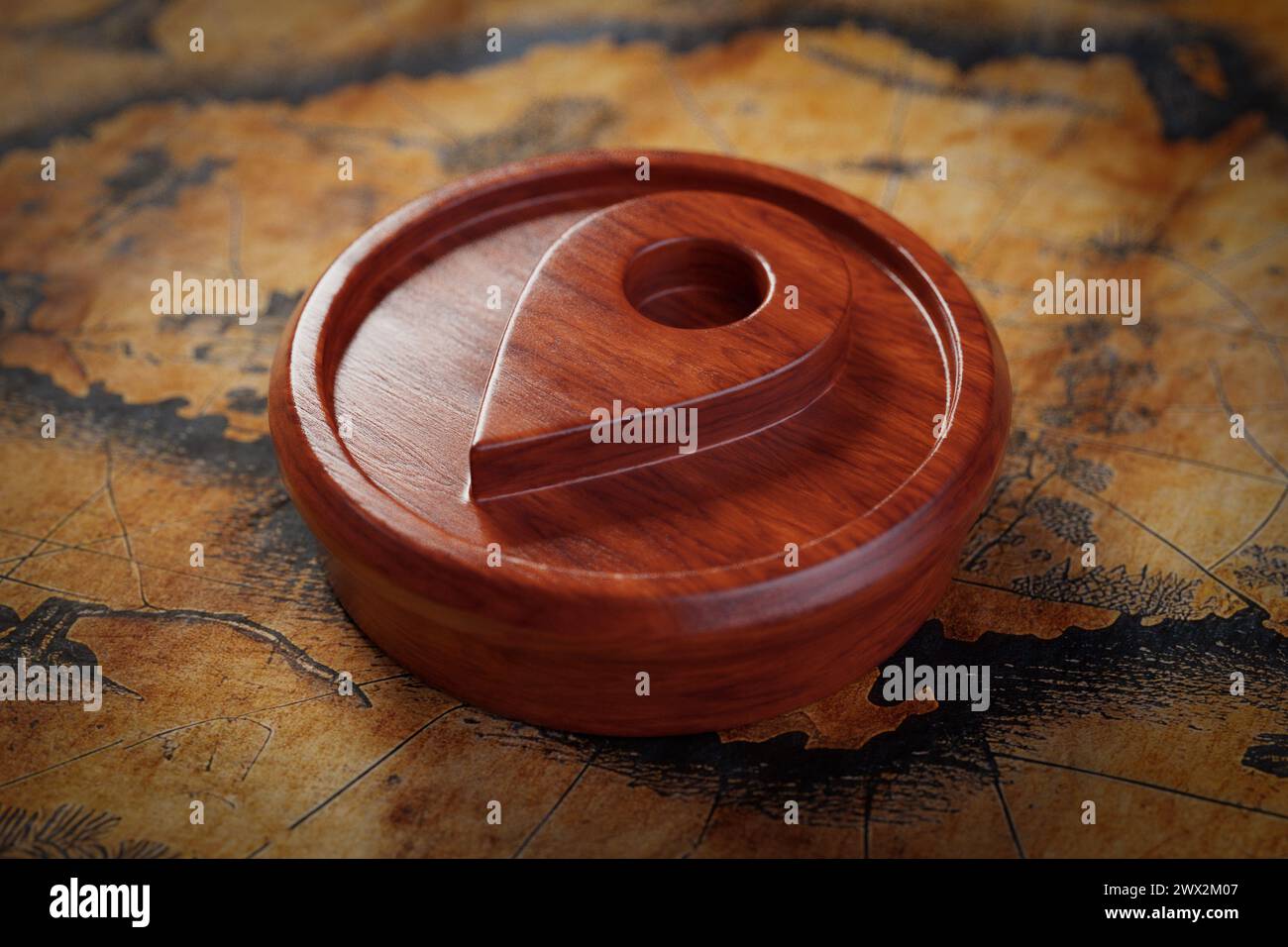 Wooden Map Pointer Destination Pin on an old map extreme closeup. 3d ...