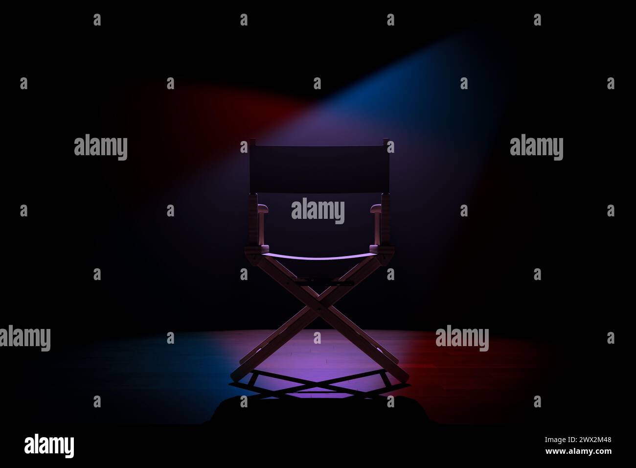 Cinema Industry Concept. Back of Director Chair in Spotlight Lights on ...