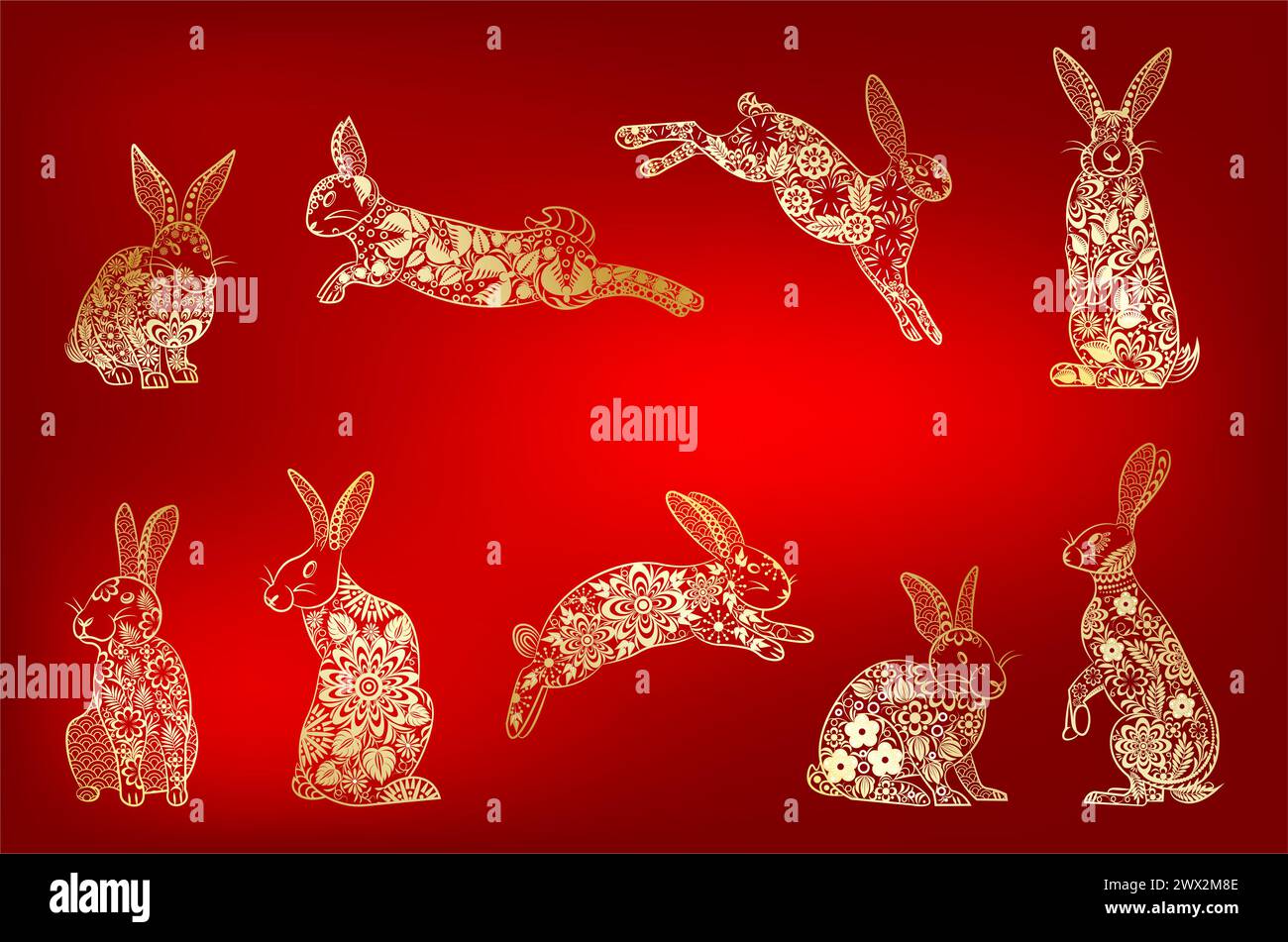 Chinese rabbit set. Golden traditional New Year zodiac animal gold ...