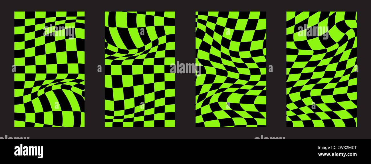 Set of distorted chessboard backgrounds. Psychedelic posters with green and black warped squares ...