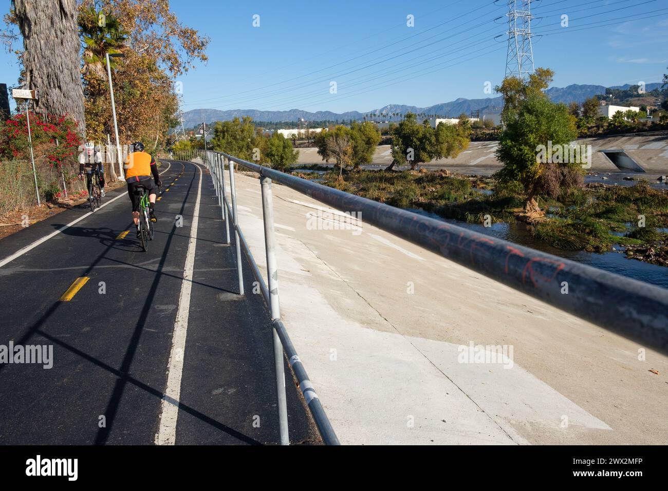 Bicycling Along the Los Angeles River, Los Angeles, California, USA ...