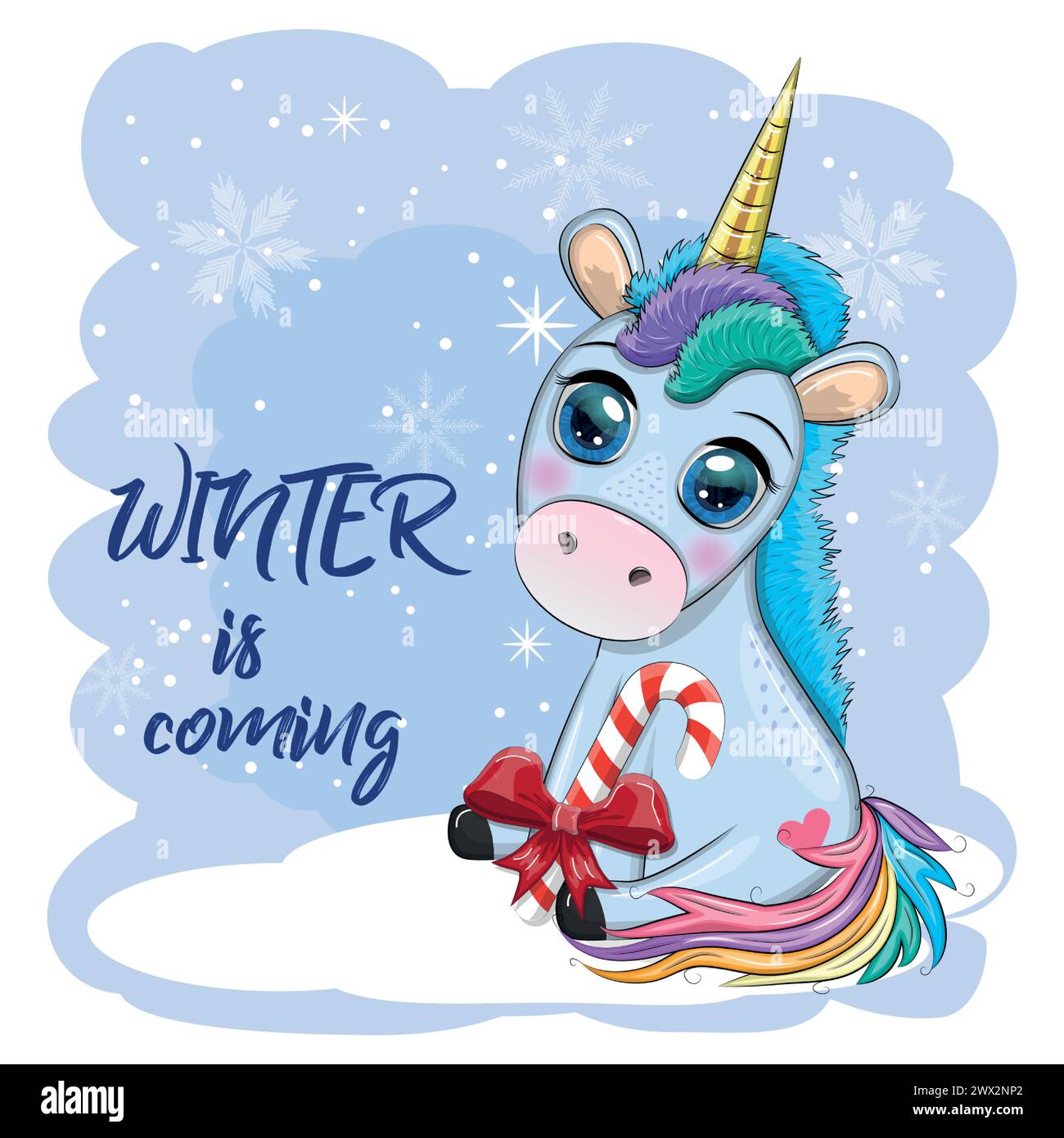 Cute cartoon unicorn in santa hat with gift, christmas ball, candy kane ...