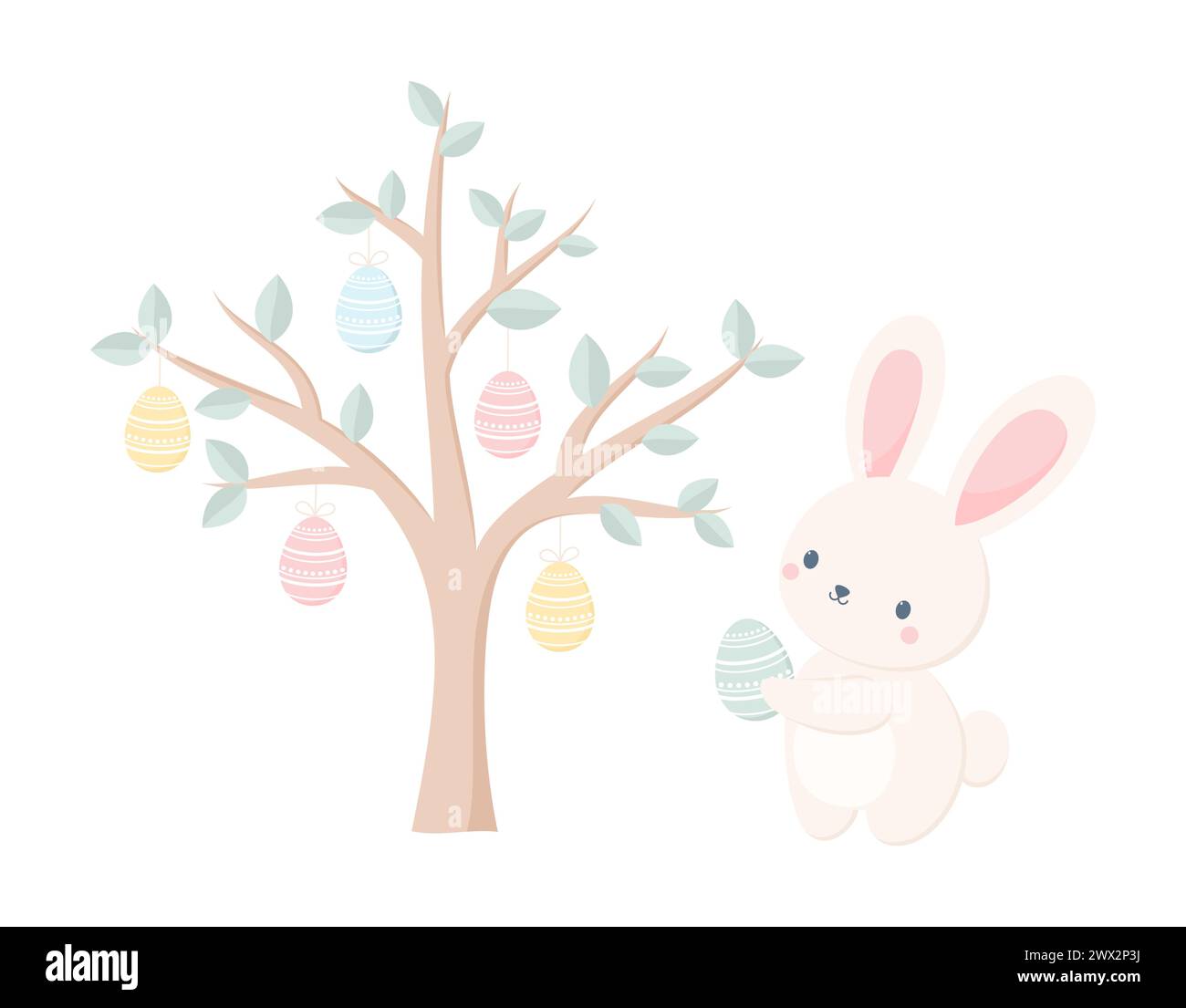 Cute Easter bunny decorating a tree with Easter eggs, isolated on a ...
